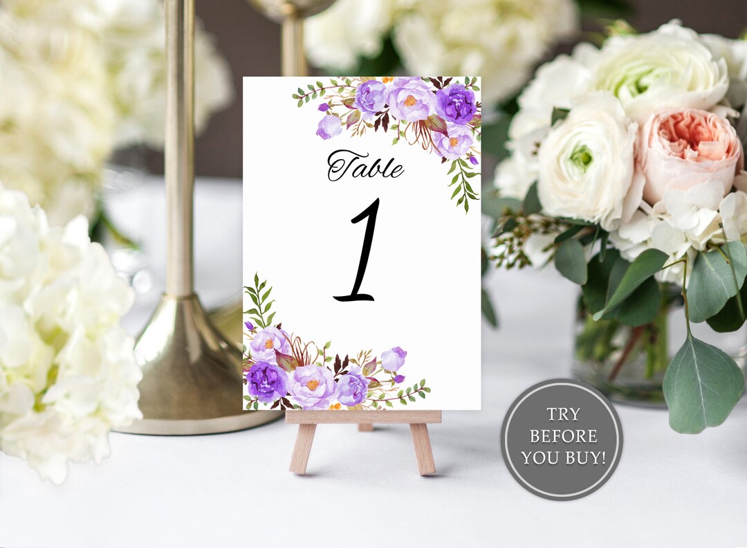 Purple Wedding Table Numbers, Purple Floral Table Numbers, Printable ...