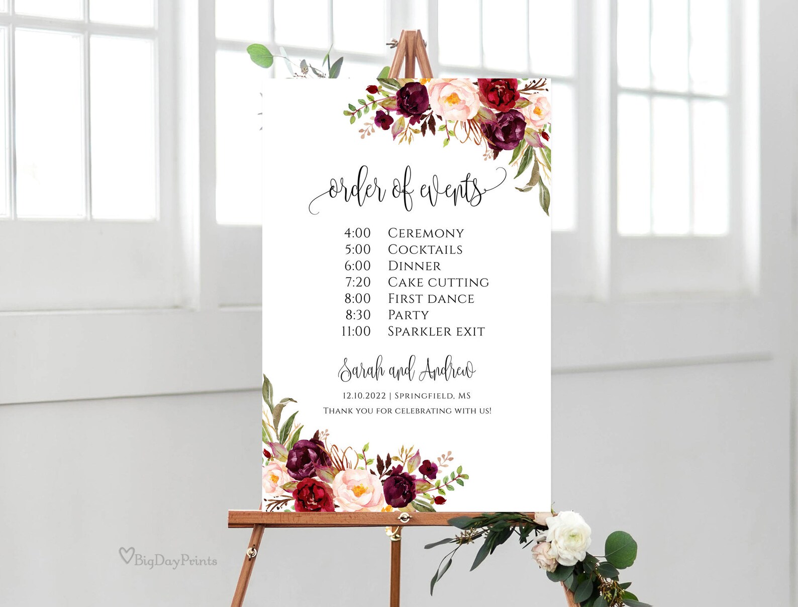 Wedding Order of Events Sign Template, Timeline Sign, Burgundy Wedding ...