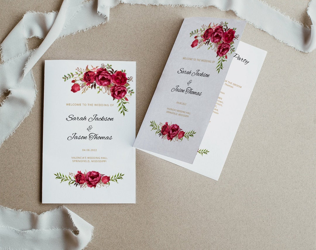 Red Wedding Program Template, Ceremony Program Printable, Folded ...