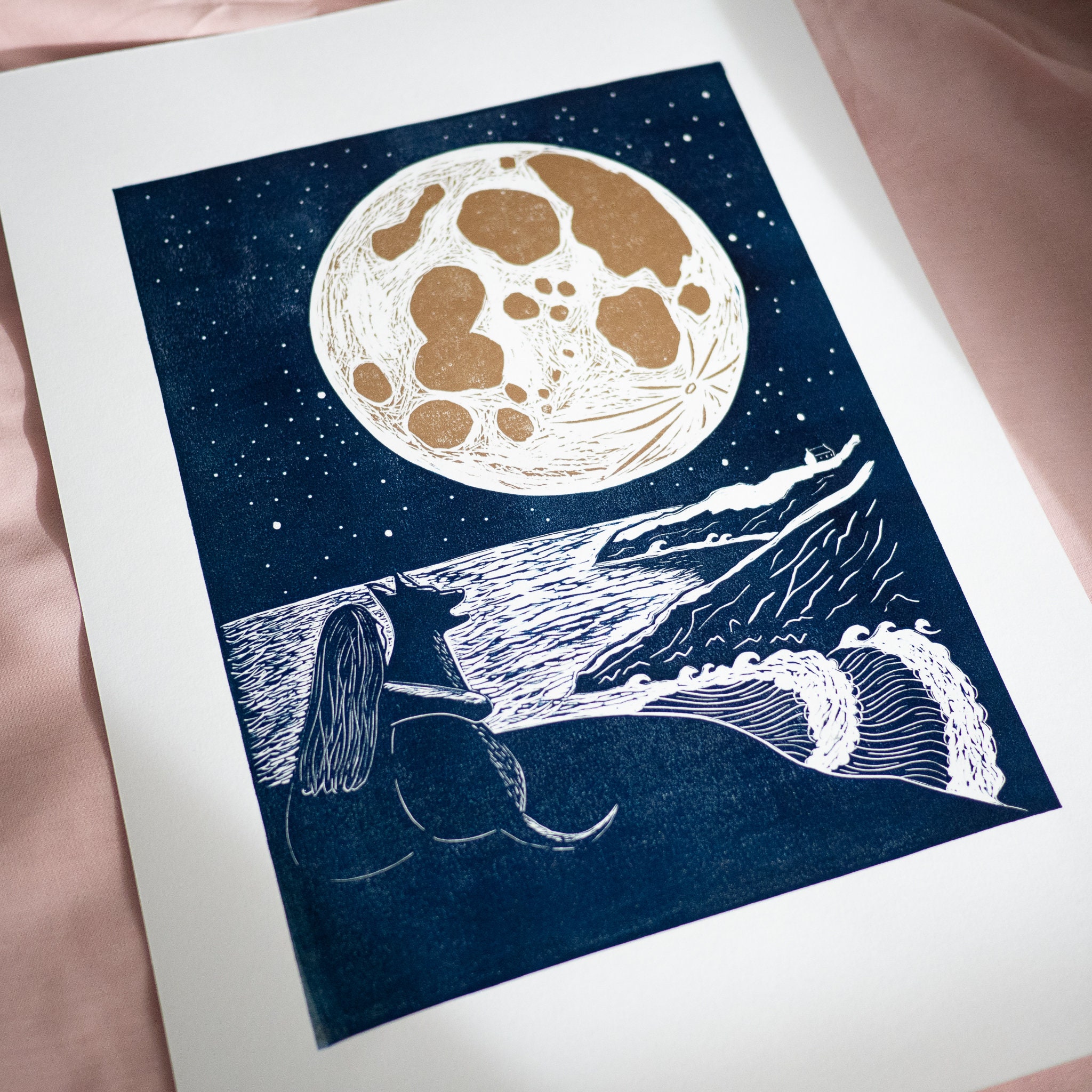 Full Moon Dog Lino Print, Children's Wall Art - Etsy