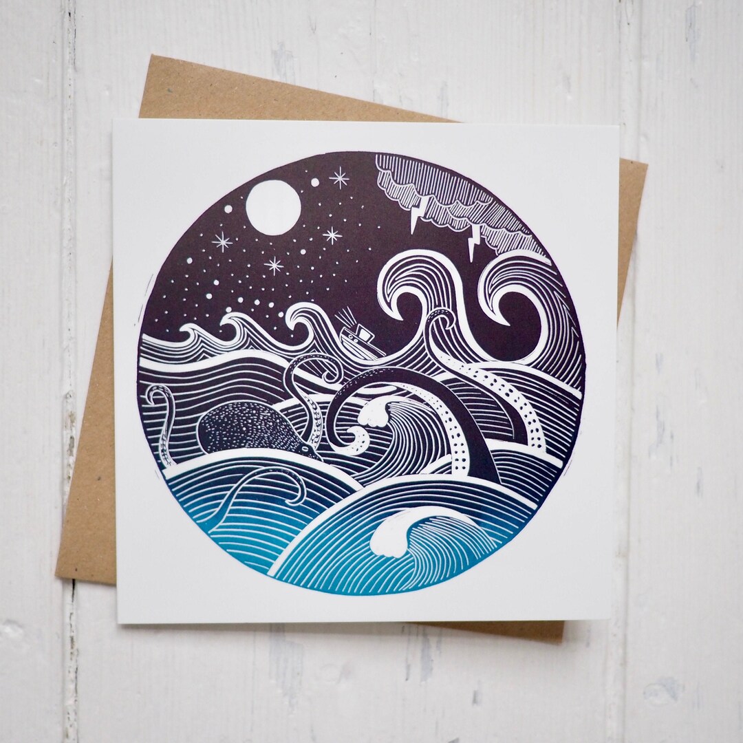 Ocean Print Card, Nautical Print Card, Octopus Print Card, Lino Print ...