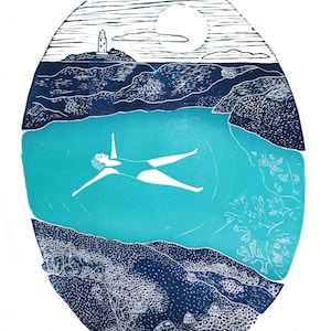 Wild Swimming Print, Swimmer Print, Lino Print, Seapool Print, Cornwall ...