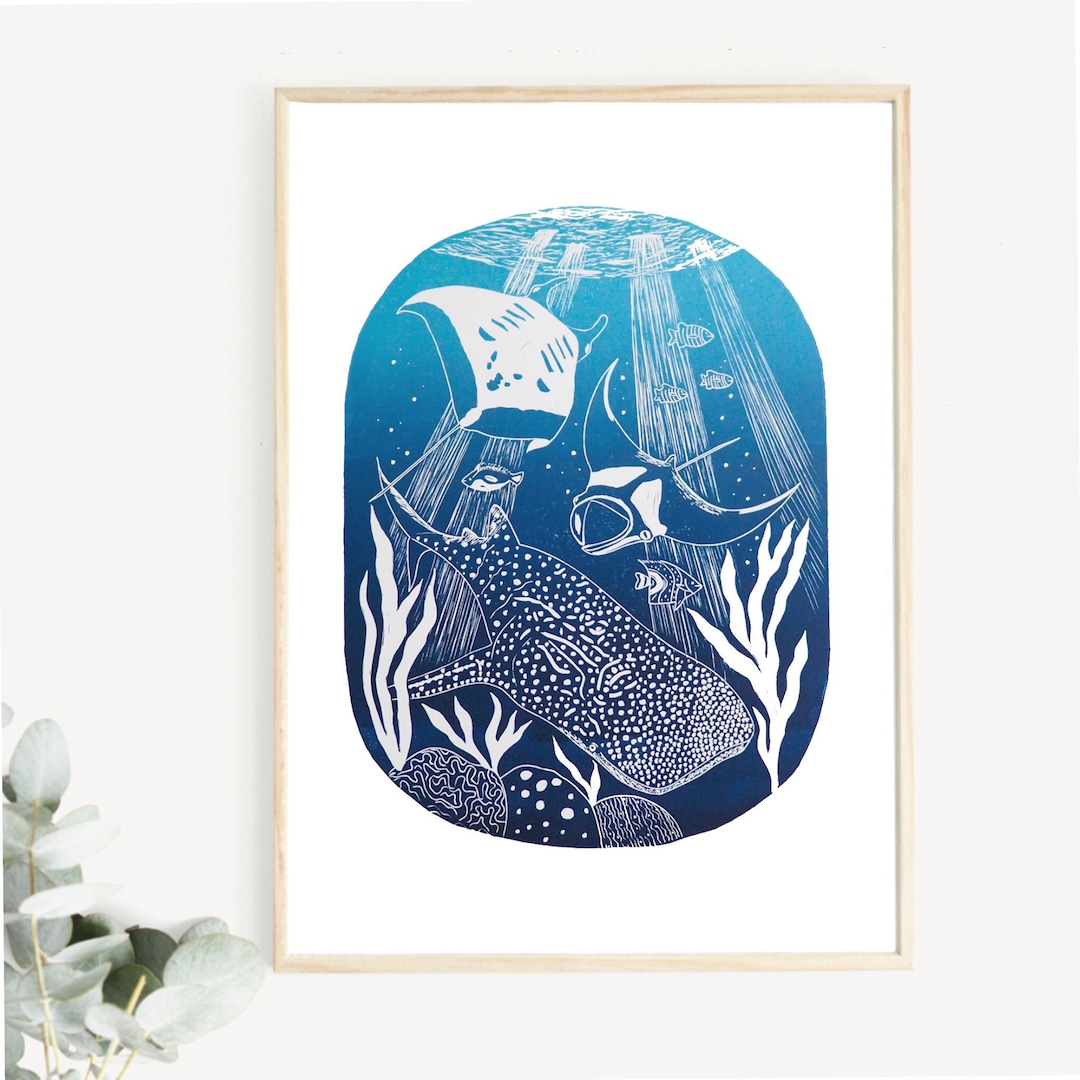 Whale Shark Print, Lino Print, Nautical Print, Manta Ray Print, Sea ...