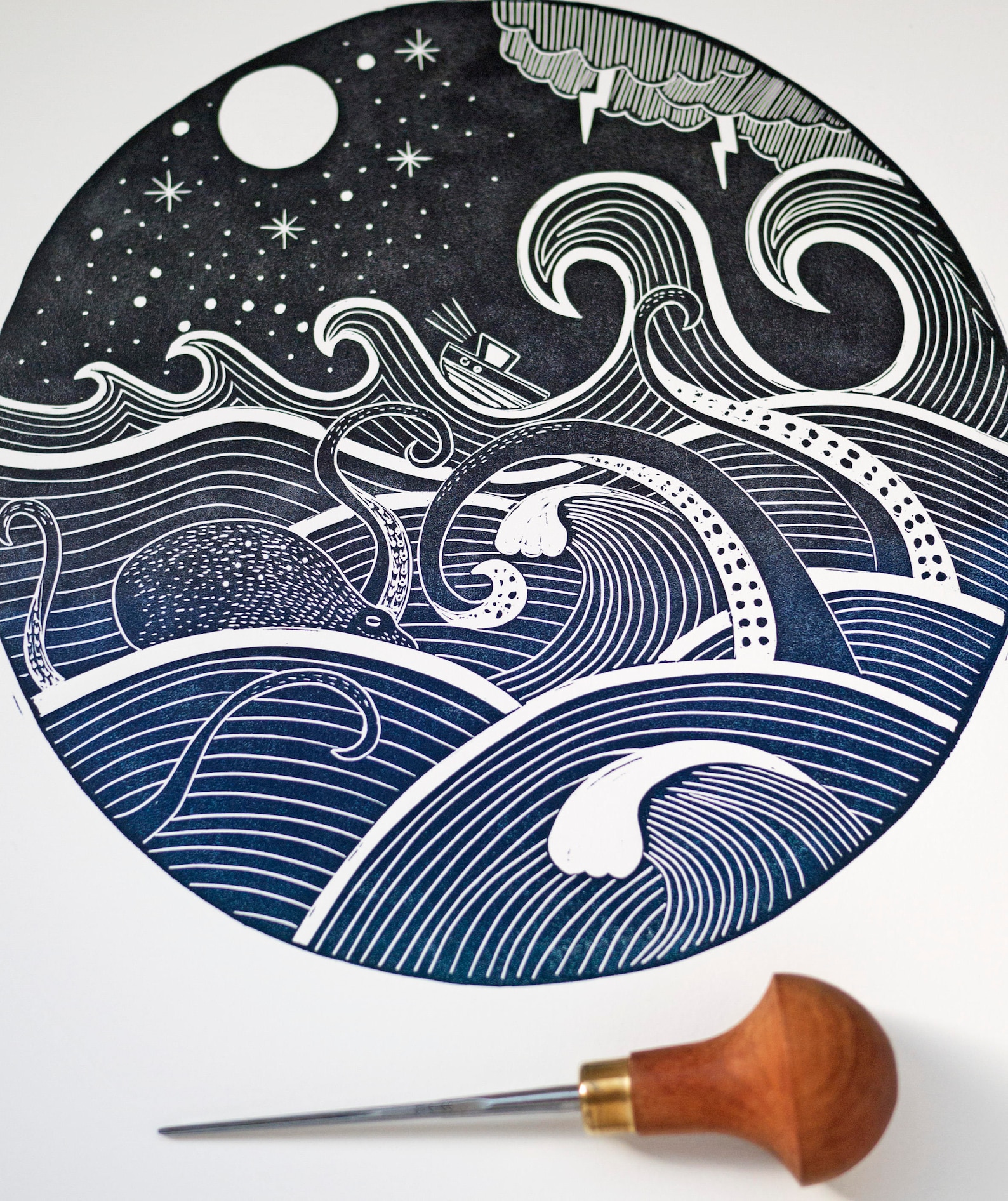 Lino Print Octopus Print Nautical Print Seascape Print Lino - Etsy