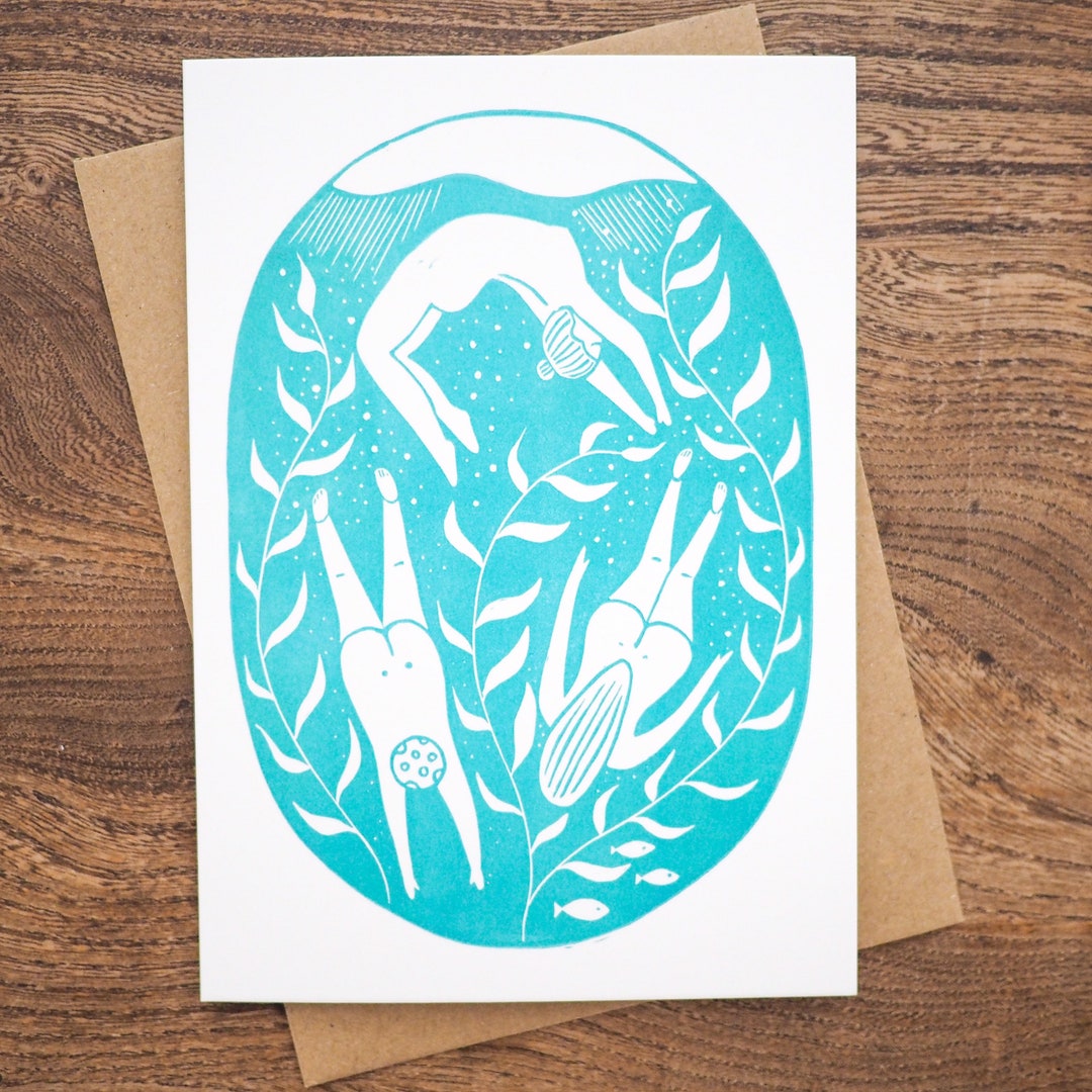 Wild Swimming Cards, Set of 2 Cards, Swimming Card, Lino Print Card ...