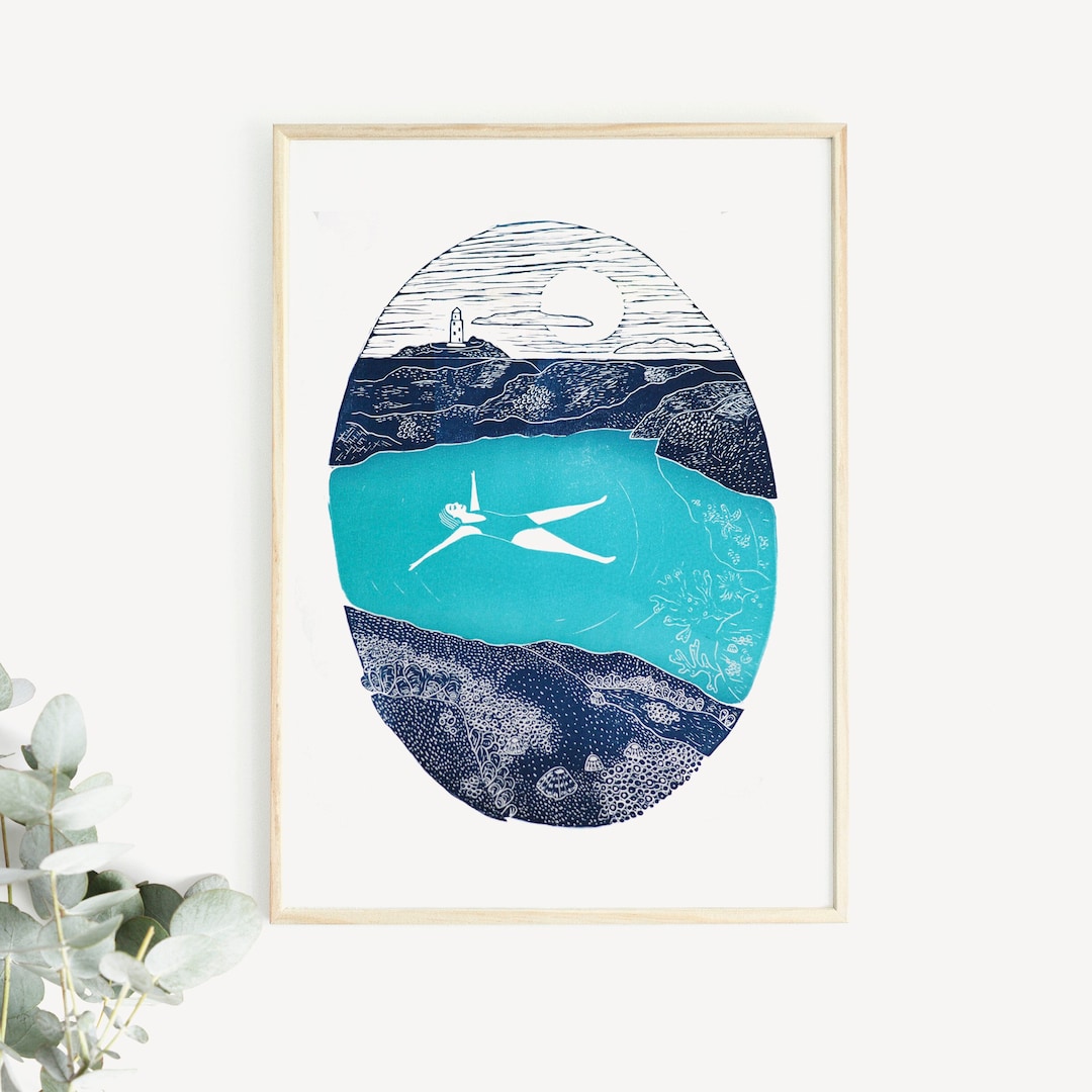 Wild Swimming Print, Swimmer Print, Lino Print, Seapool Print, Cornwall ...