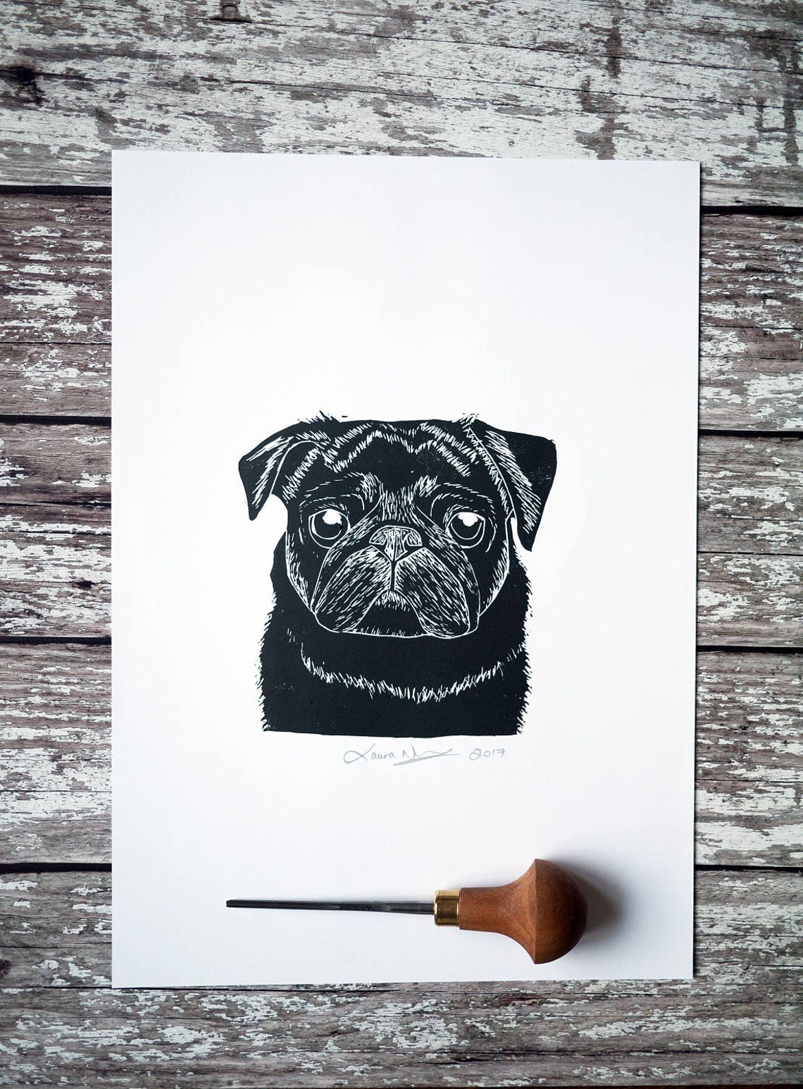 Black Pug Print A4 Lino Print Art Hand Printed Lino Print Pug | Etsy