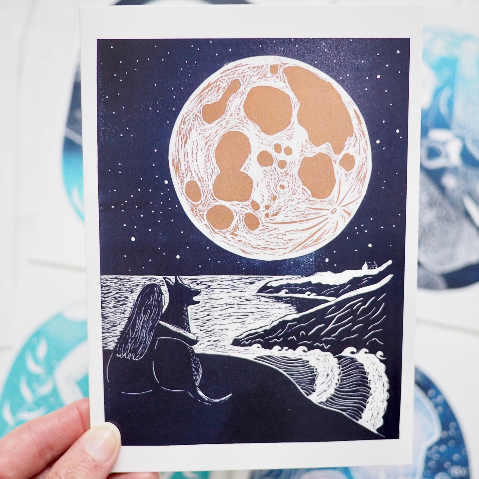 Dog Card Lino Print Card Full Moon Card Moon Gazing Card - Etsy UK