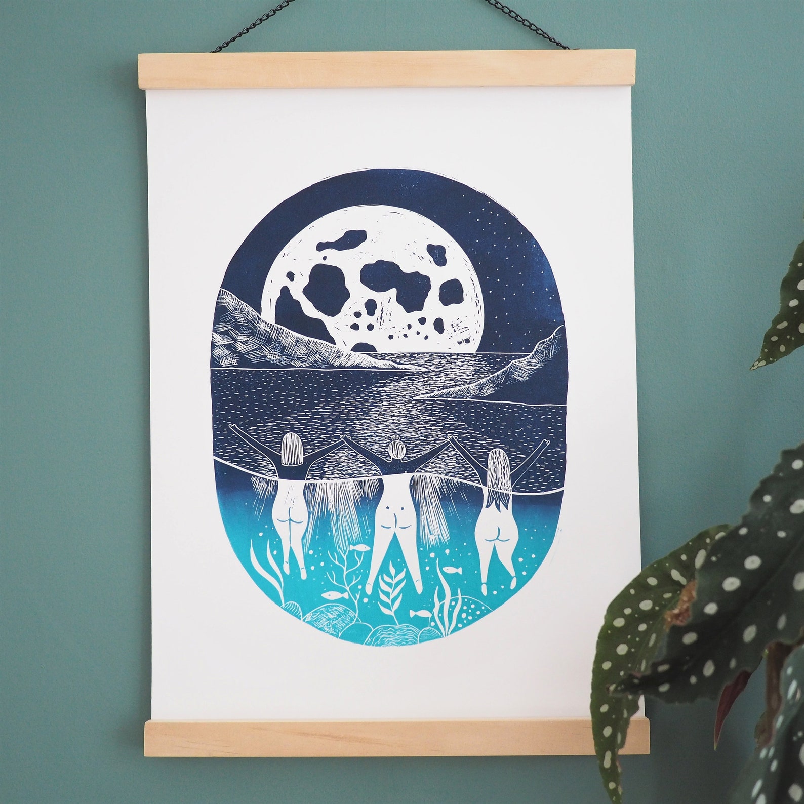 Wild Swimming Print Lino Print Full Moon Swimming Print - Etsy