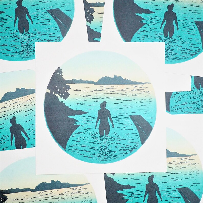 Wild Swimming Greetings Card: Sunrise Swimmer Lino Print - Etsy