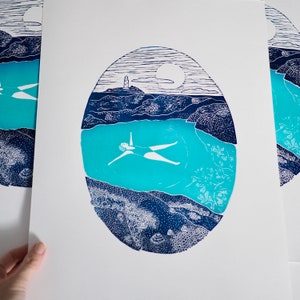Wild Swimming Print, Swimmer Print, Lino Print, Seapool Print, Cornwall ...