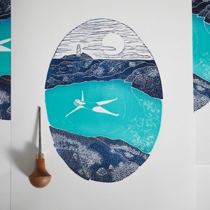Wild Swimming Print, Swimmer Print, Lino Print, Seapool Print, Cornwall ...