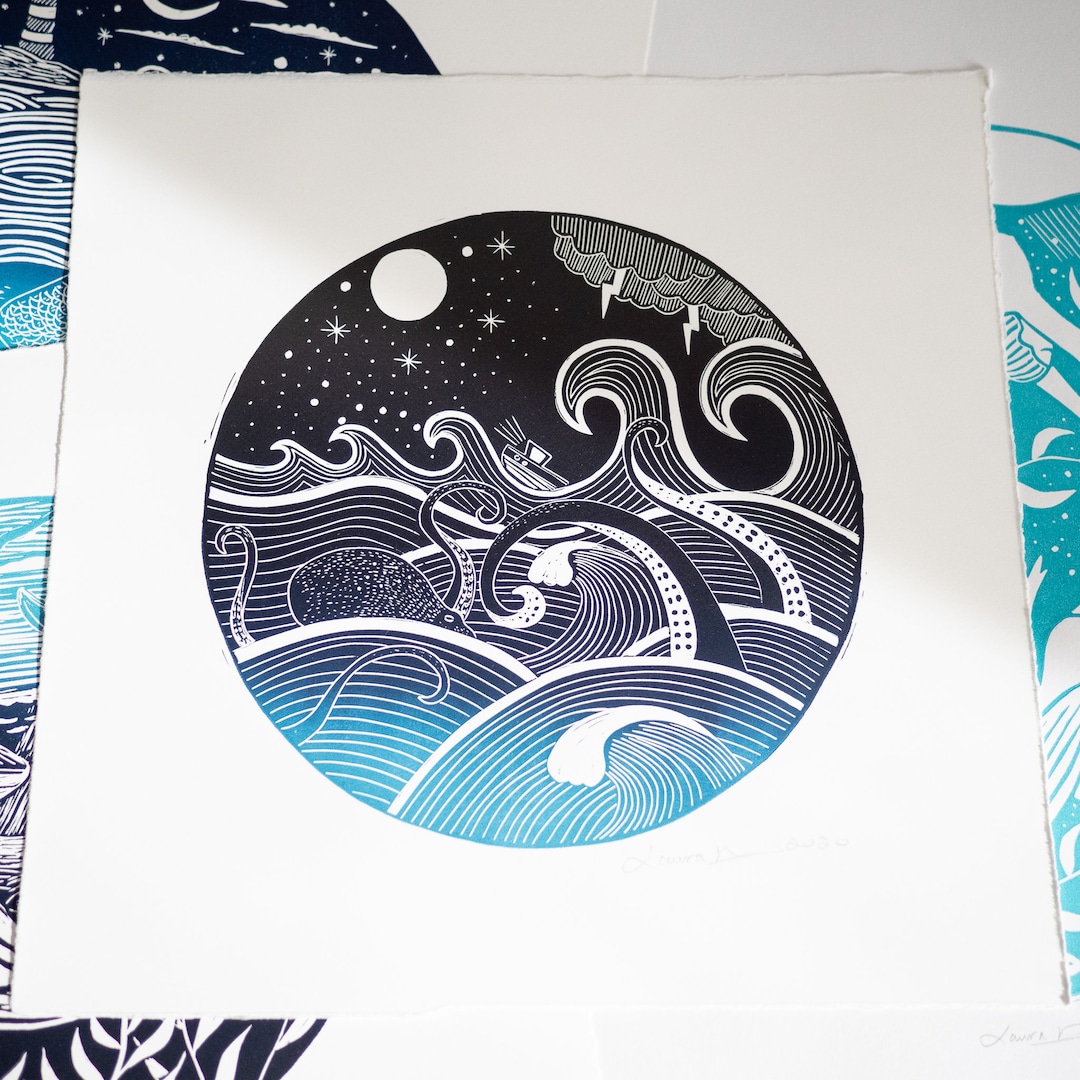 Lino Print Octopus Print Nautical Print Seascape Print Lino Print Lino