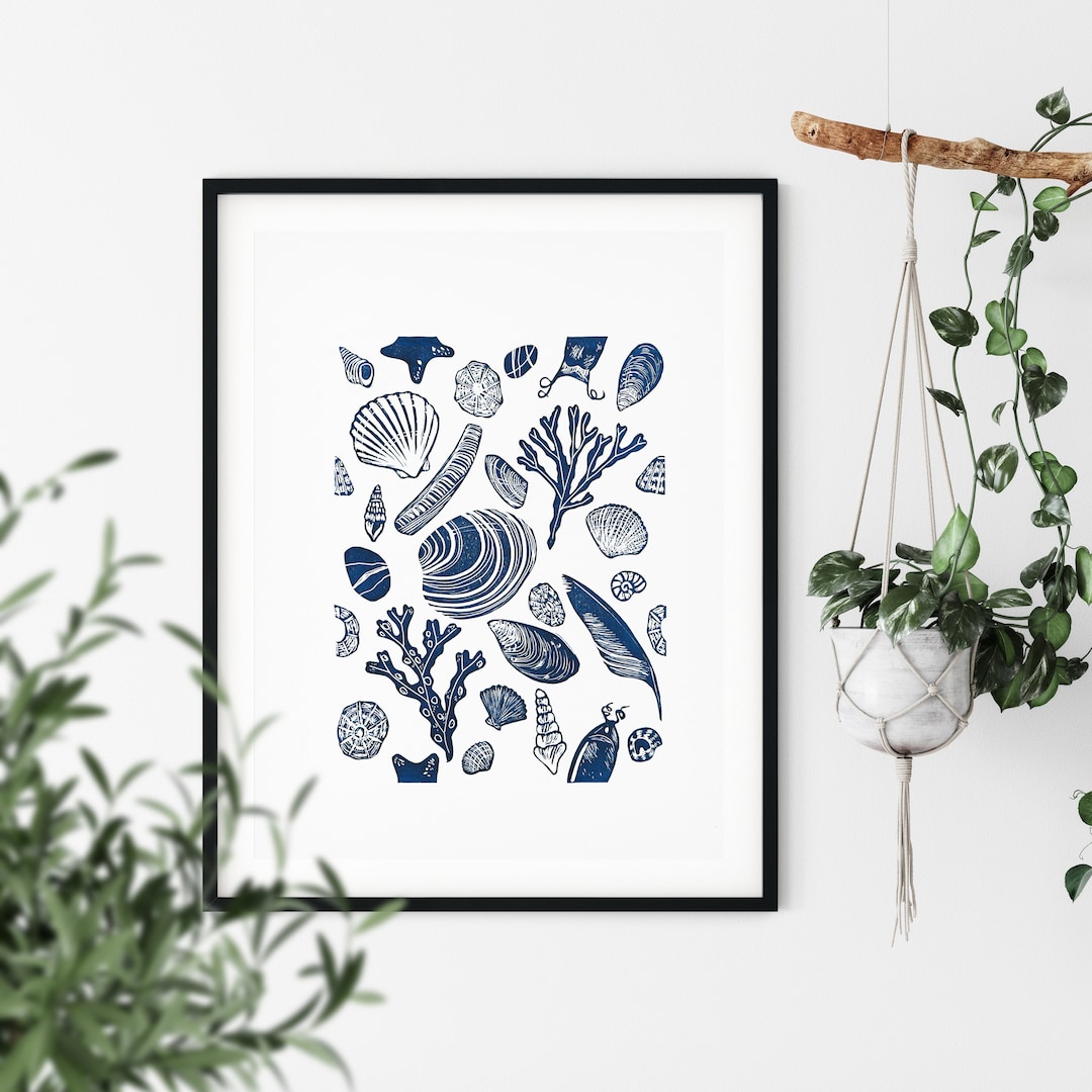 Shell Print, Seaside Lino Print, Lino Print, Beachcomber Print ...