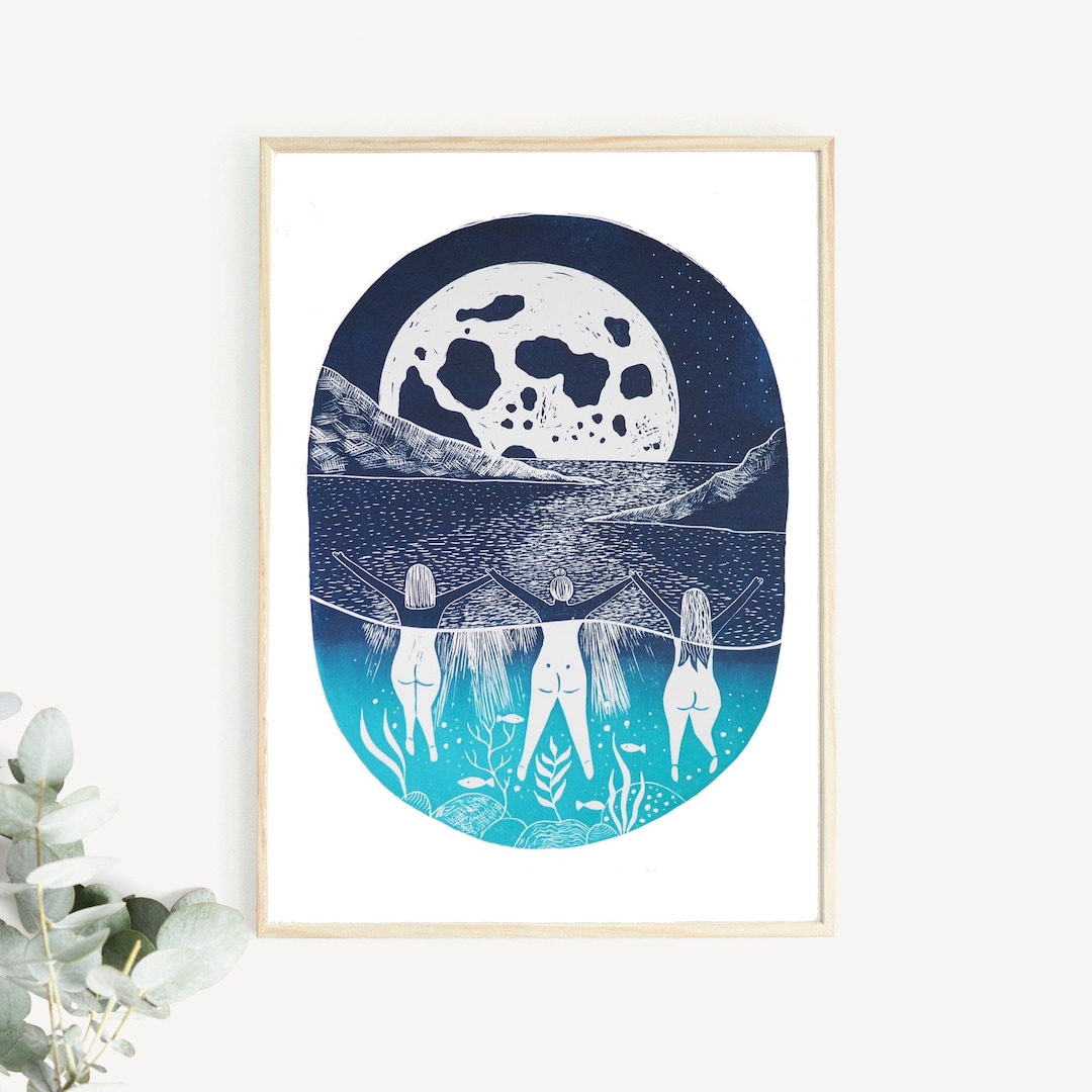 Wild Swimming Print, Lino Print, Full Moon Swimming Print, Wild ...