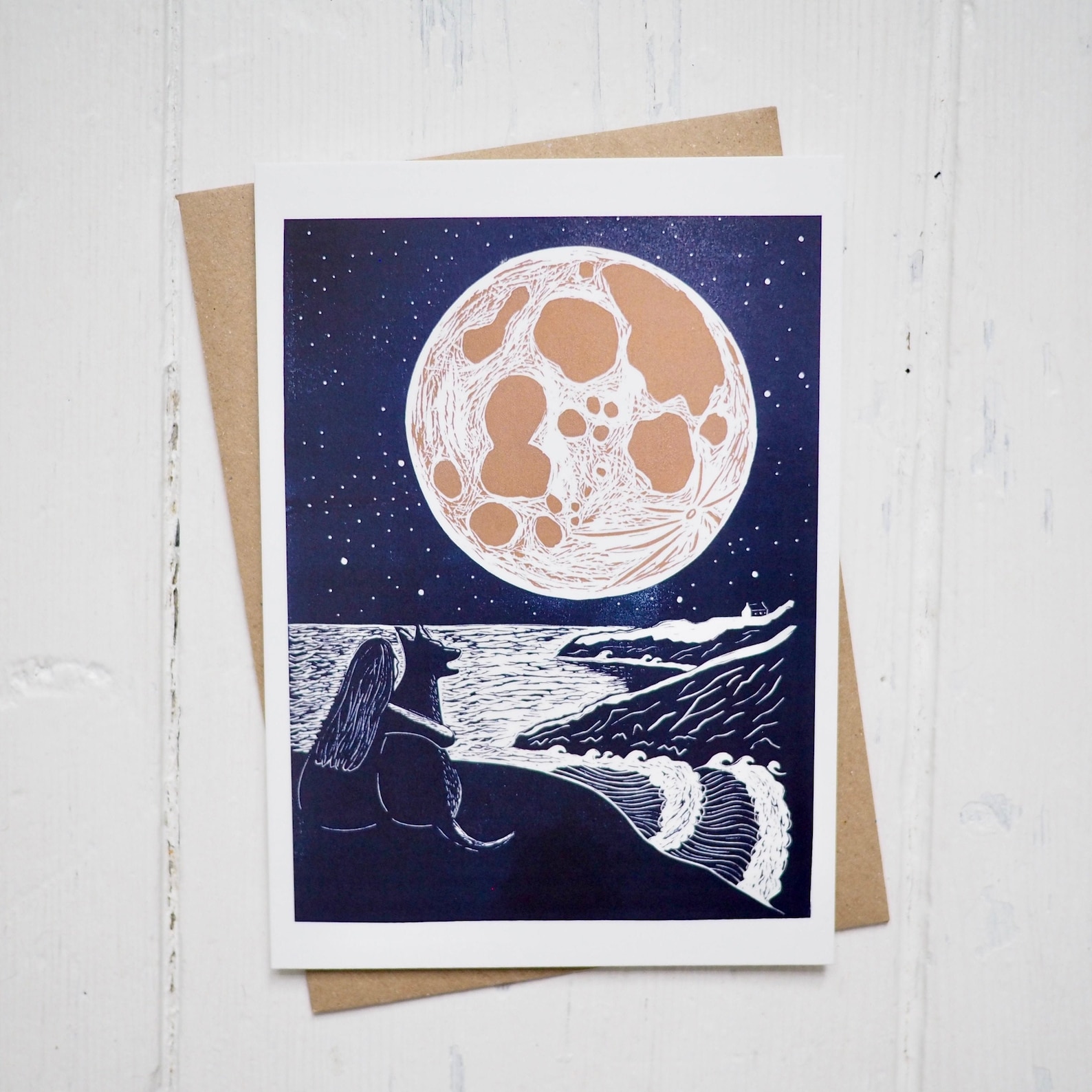 Dog Card Lino Print Card Full Moon Card Moon Gazing Card - Etsy UK