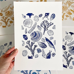 Shell Print, Seaside Lino Print, Lino Print, Beachcomber Print ...