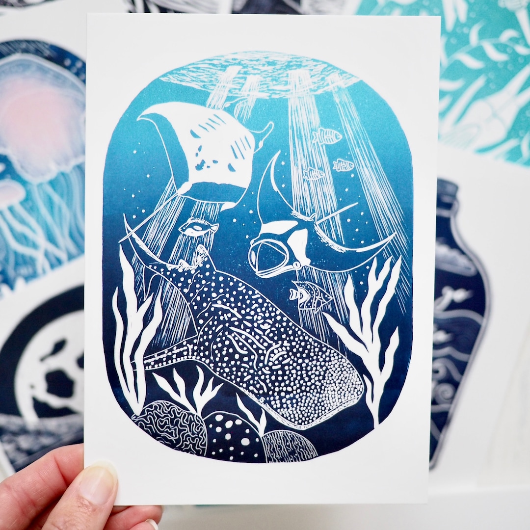 Whale Shark Card, Underwater Card, Lino Print Card, Wild Swimming Card ...
