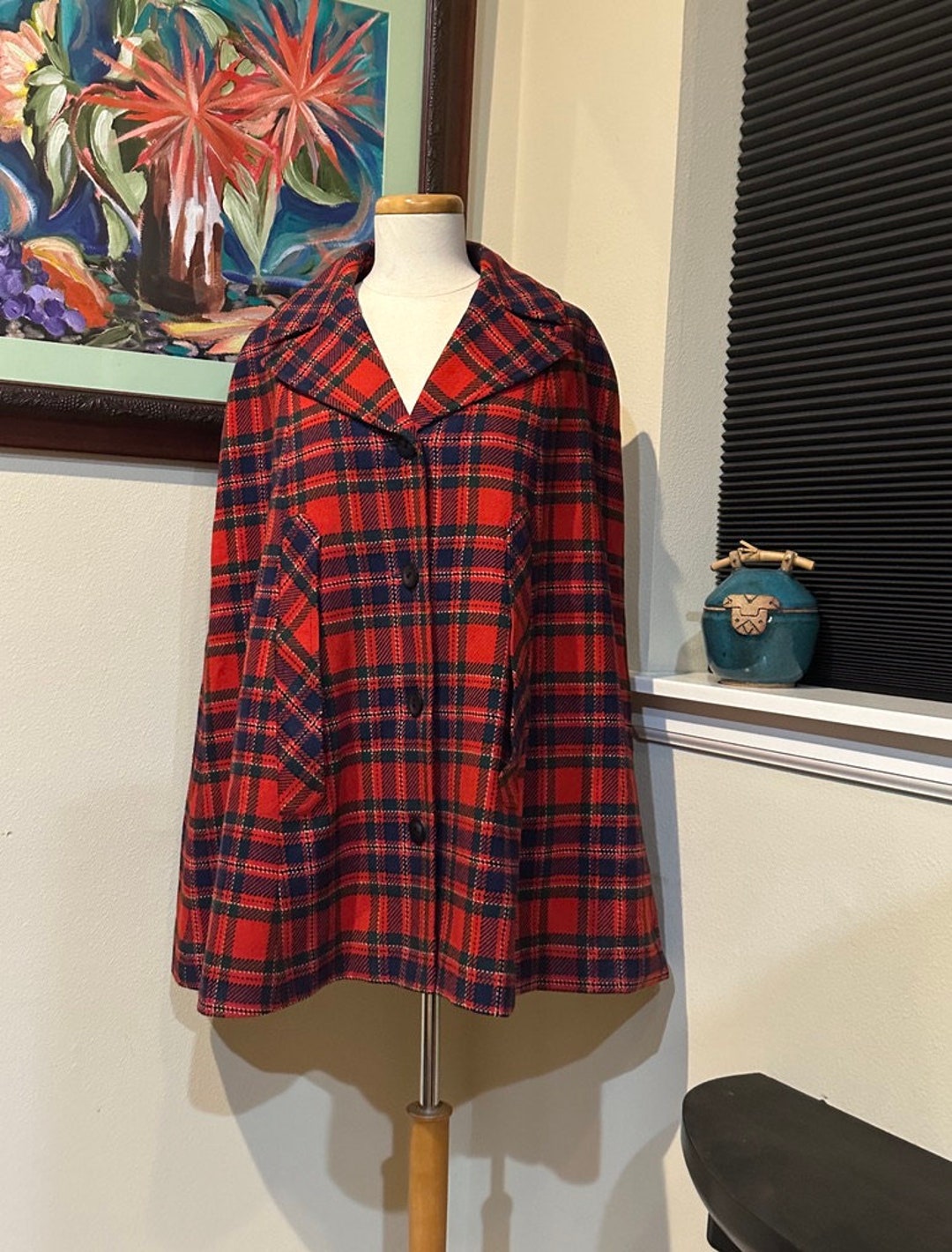 Red Plaid Pendleton Wool Cape 1970s W/ Midnight Blue Satin Lining NOS ...