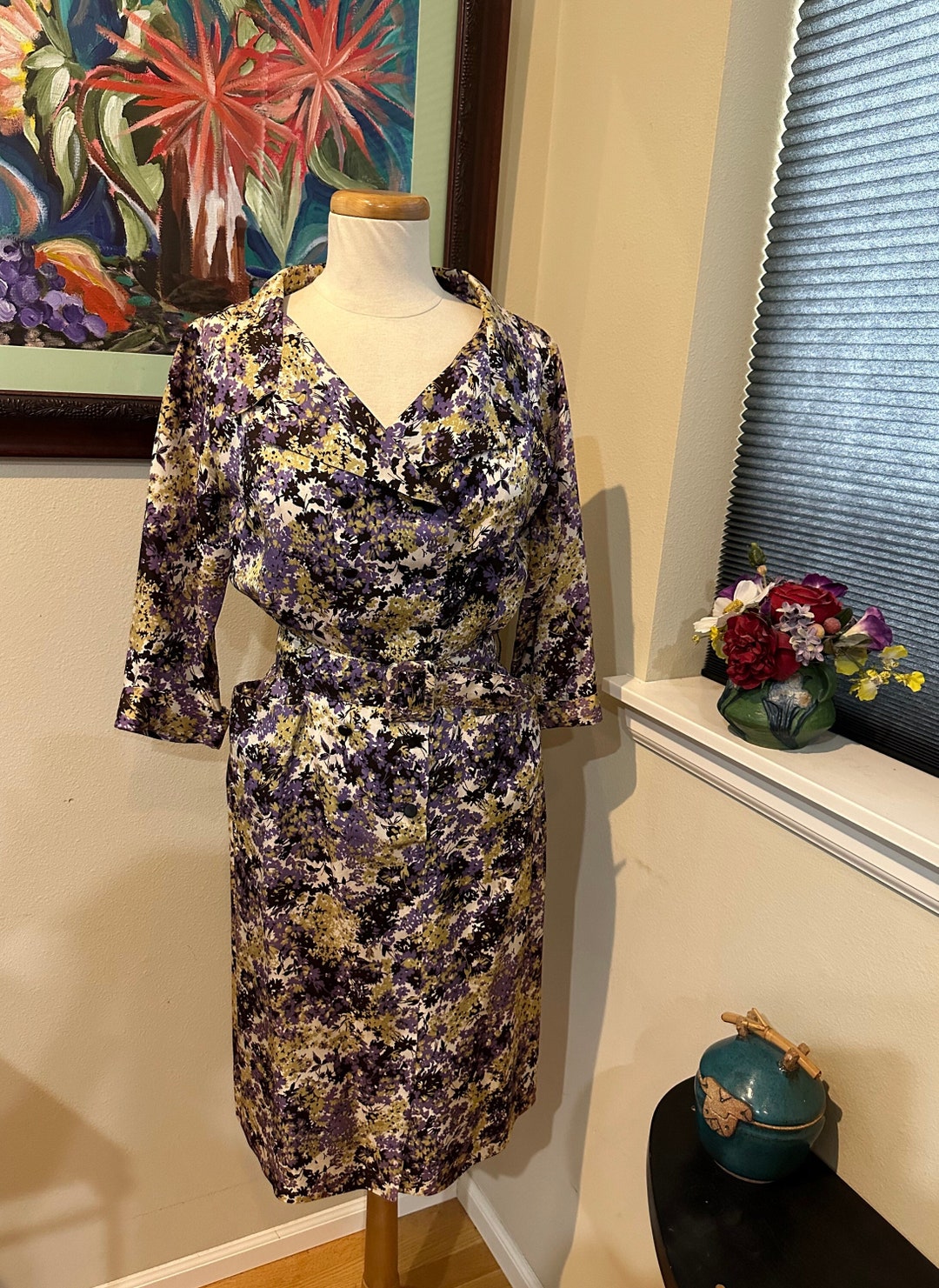 Lilac & Forsythia Silk Print 1950s Tailored Shirtwaist Dress - Mrs ...
