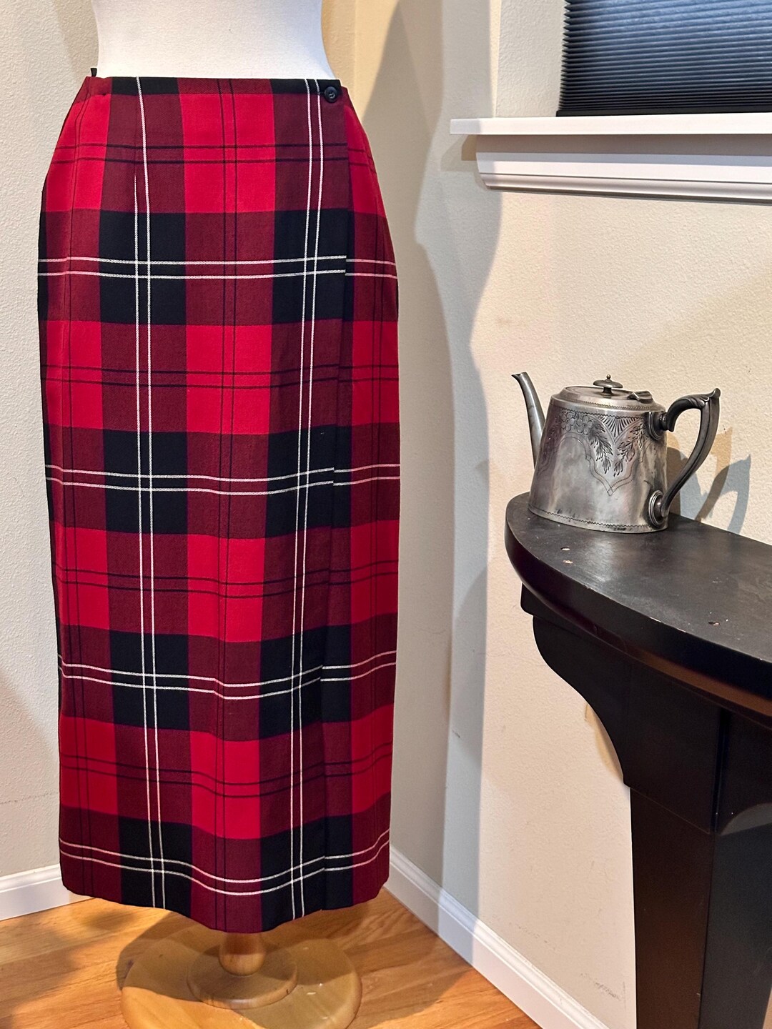 Red & Black Plaid Wrap Around Winter Slim Look Maxi Skirt M L - Etsy
