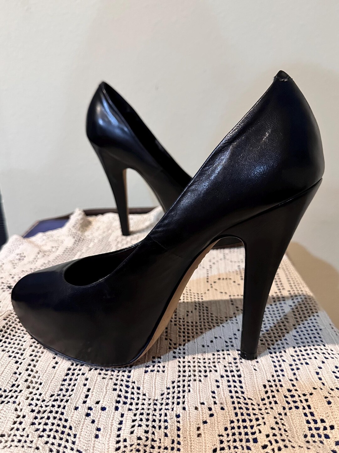 Black Leather Extreme Platform Pumps With 4" Heels - Almond Toe ...