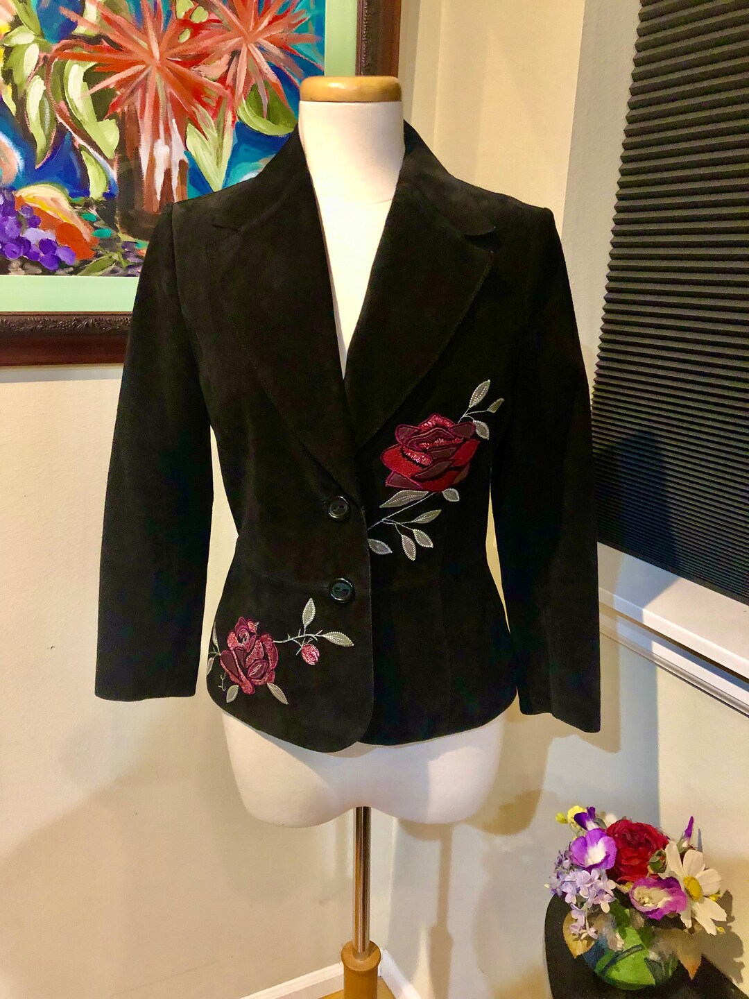 Black Suede Jacket With Embroidered Red Roses Vintage 90s by Classiques ...