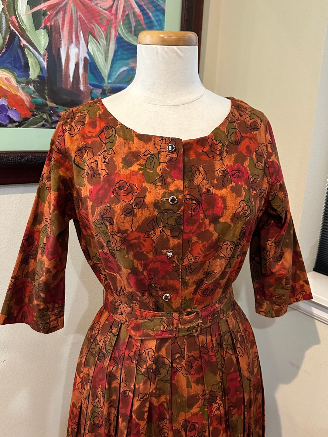 Rust & Orange Cotton Print Dress C1950s Fit and Flair W/ Long Sleeves ...