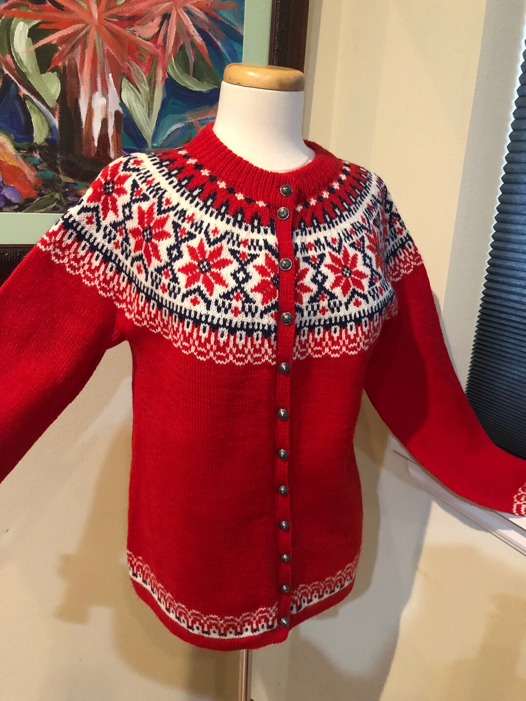 Danish Hand Knit Cardigan Sweater Scandinavian 1950s Fair Isle Yoke by ...