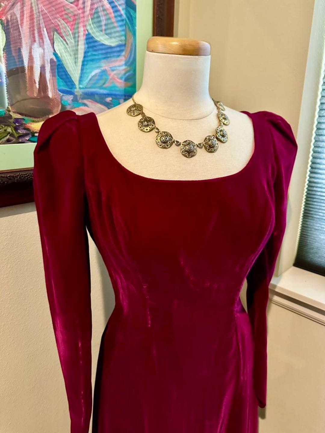 Emma Domb Wine Velvet Evening Gown Juliet Style Maxi Dress C1960s - Sz ...