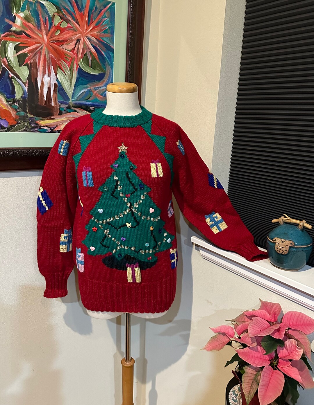 Berek Original Rare 3D Hand Knit Red Christmas Tree Sweater 1980s. - Etsy
