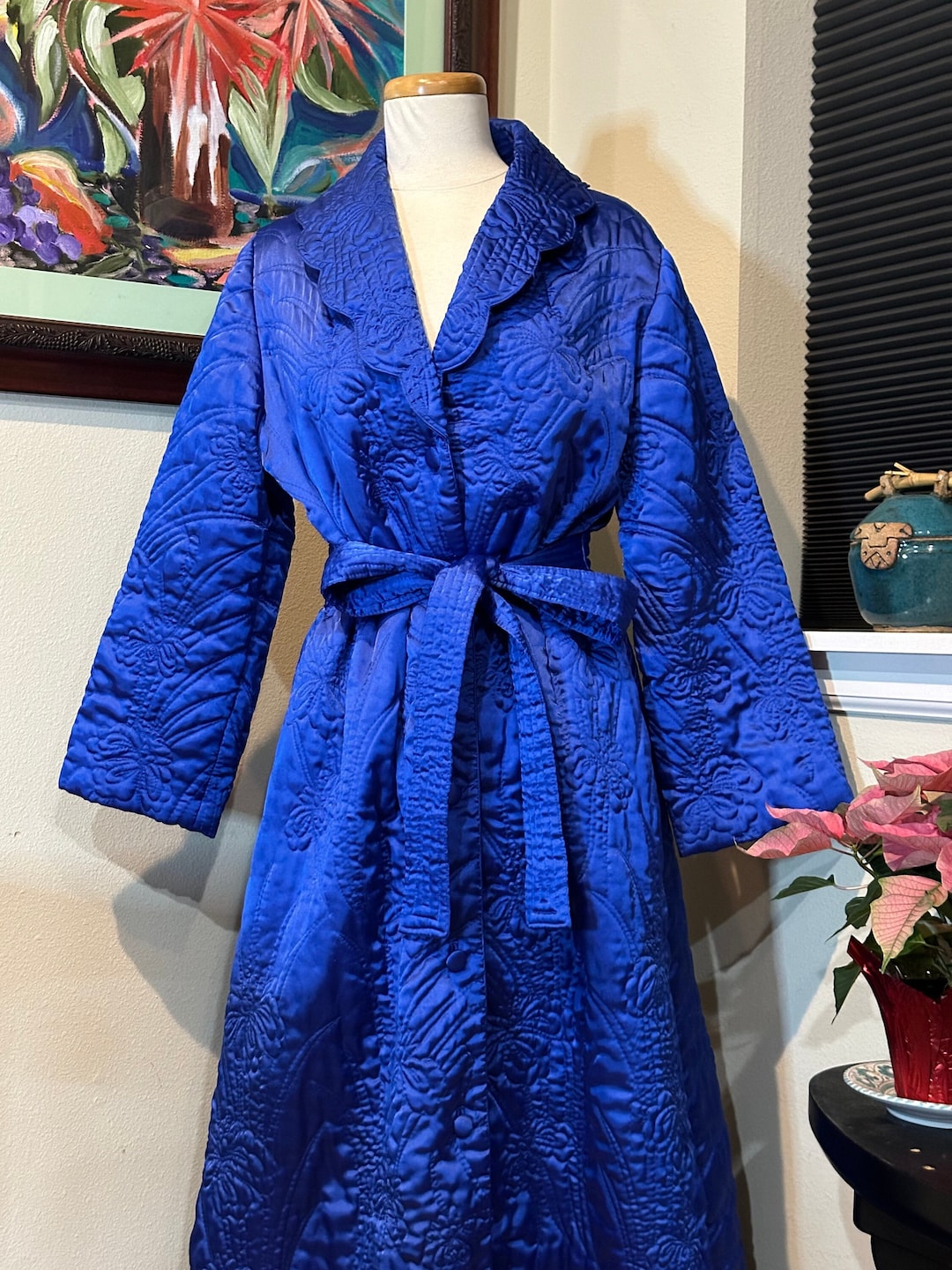 1970s Royal Blue Iris Quilted Housecoat, Robe or Evening Coat Made for ...