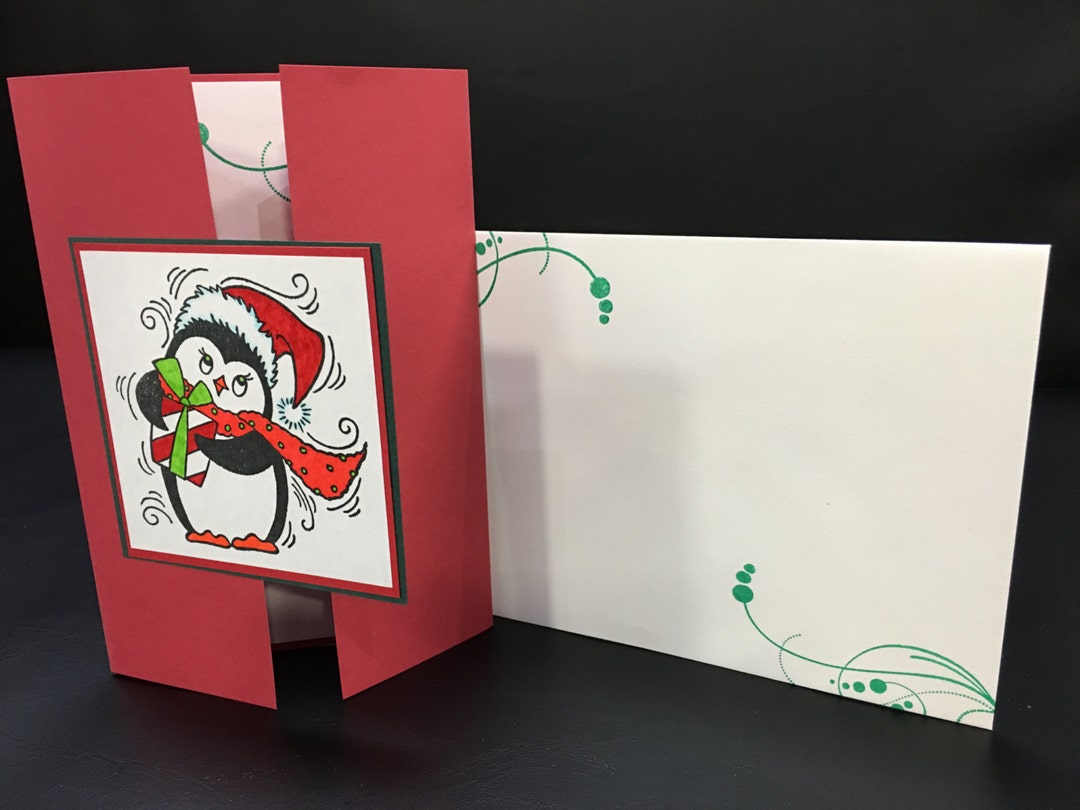 Cute Penguin Holiday Christmas Greeting Card - Handmade Stamped - One ...