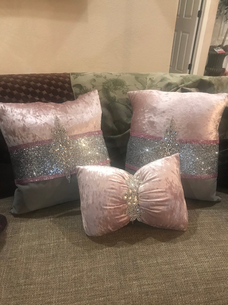 Set of 3 Pink Velvet Rhinestone Throw Pillows: Sparkle Decor (18x18) - Etsy