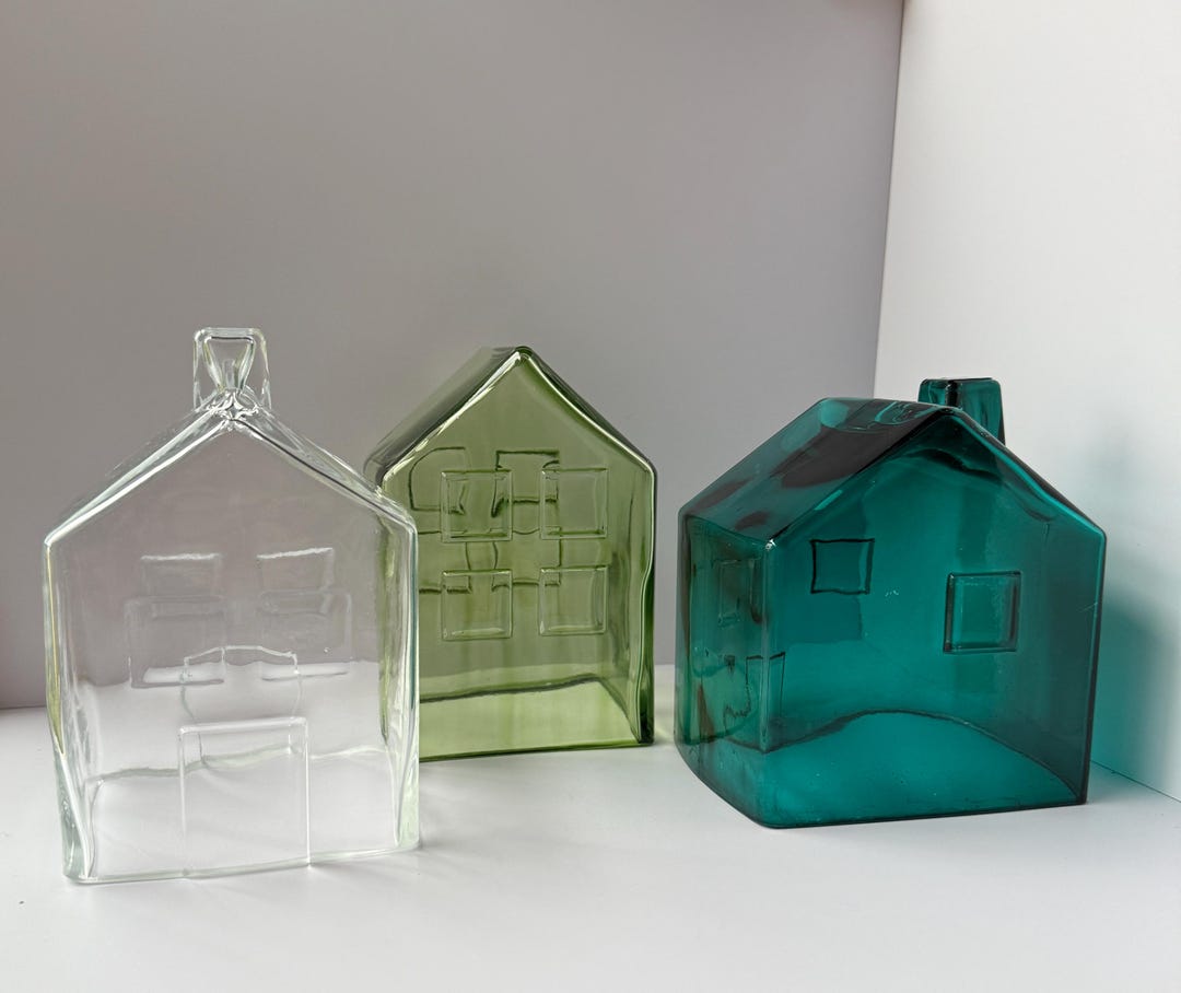 Vintage Glass House Figurines, Holiday Miniature Houses, Modern Home ...