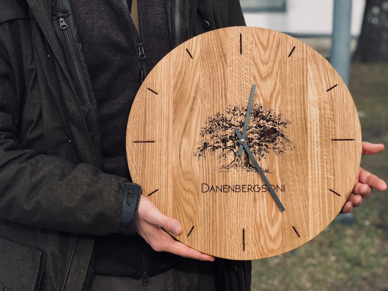 Oak Wood Wall Clock Engraved Personalised Custom Unique Family Wedding ...