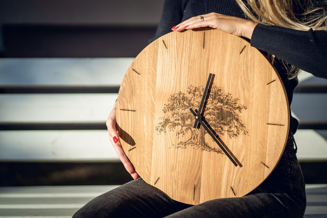 Oak Wood Wall Clock Engraved Personalised Custom Unique Family Wedding ...