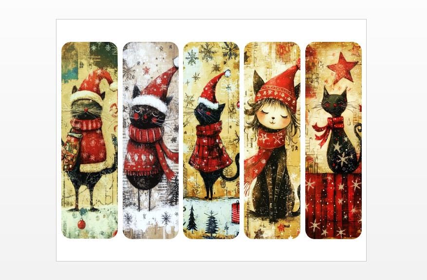 Christmas Bookmarks: Whimsy Christmas Cats, Set of Five - Etsy