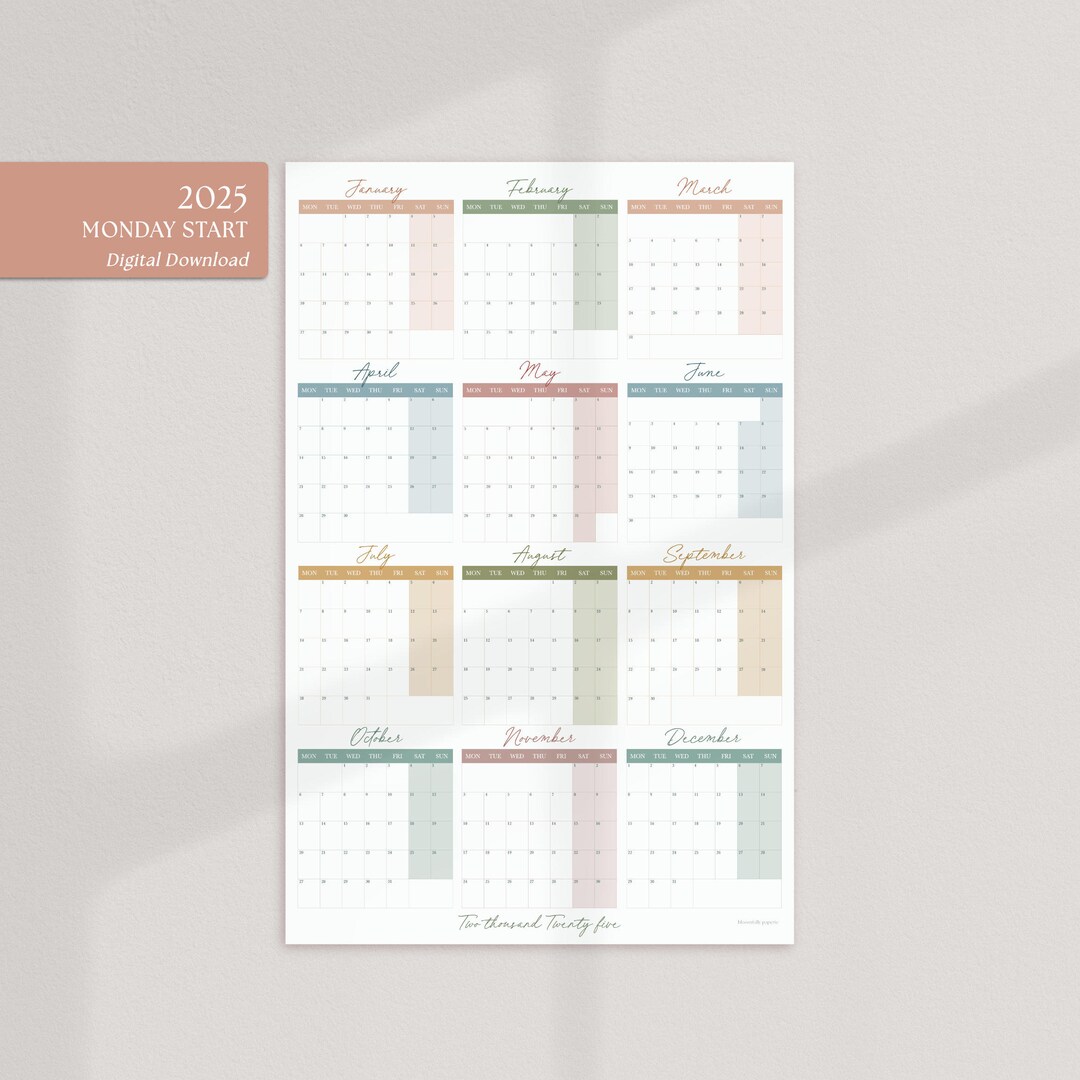 2025 Large Wall Calendar Printable Dusty Boho, Home Office Wall Planner ...