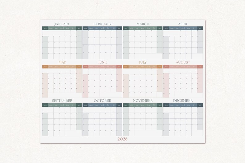 2026 Full Year Wall Calendar Printable | Sunday Start PDF - Etsy