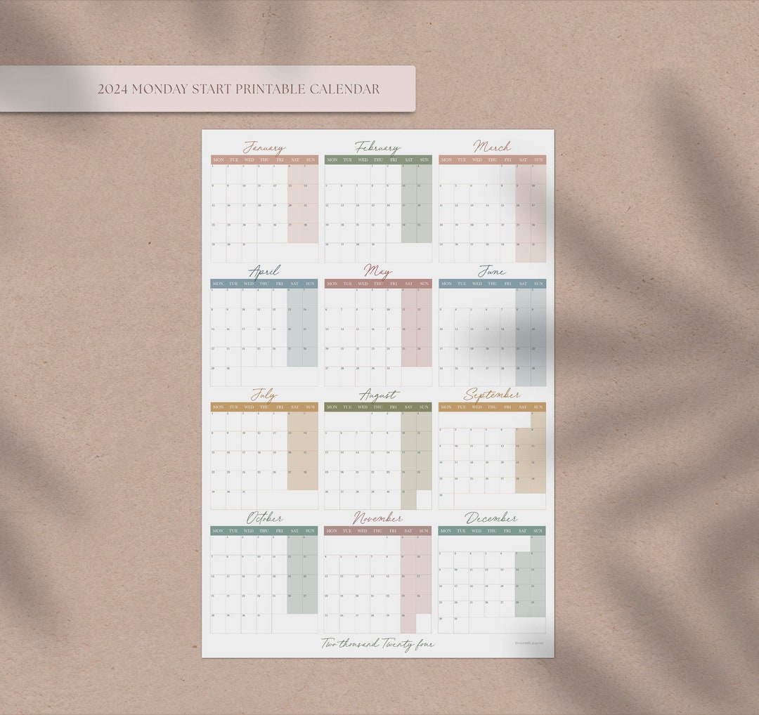 Large Wall Calendar Printable, 2024 Boho Wall Planner, Monday Start, - Etsy