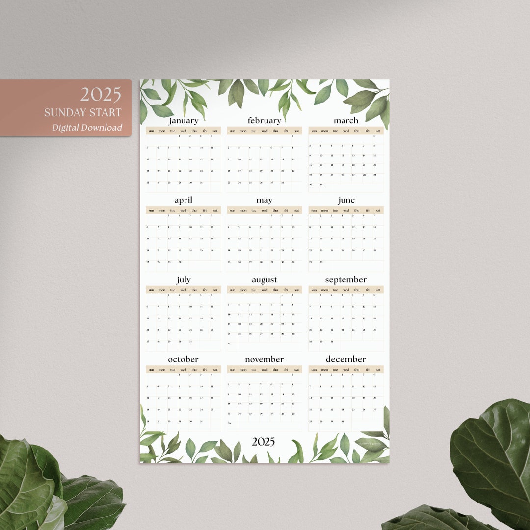 Digital 2025 Botanical Calendar, Instant Download Wall Calendar, - Etsy