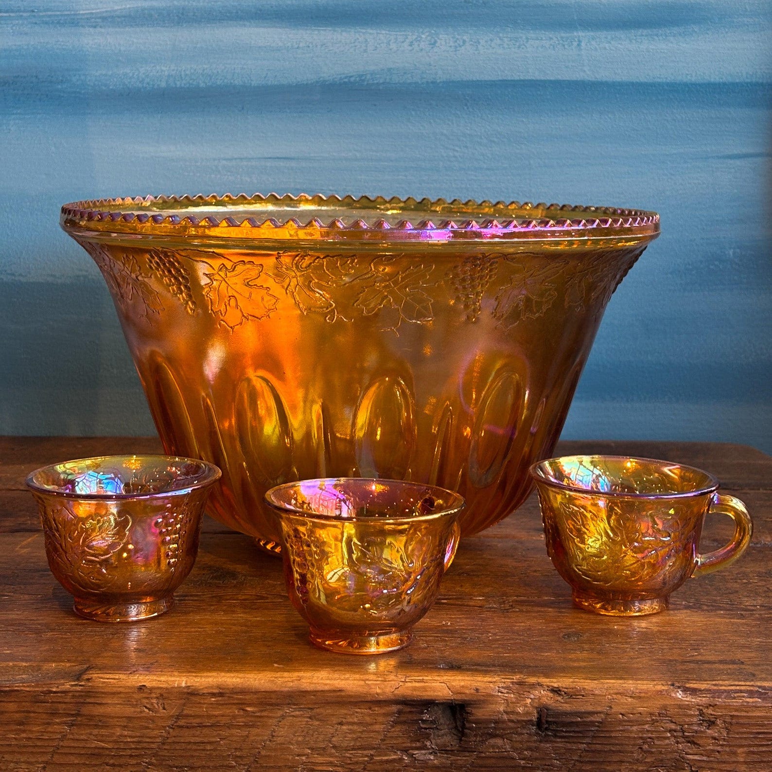Vintage Indiana Amber Iridescent Carnival Glass Punch Bowl & Cups Set ...