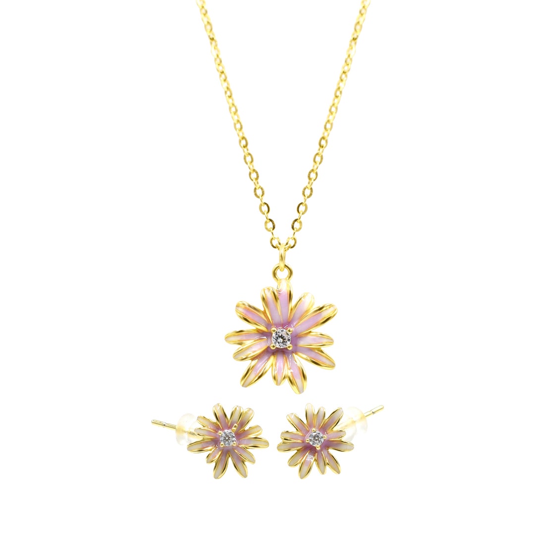 Daisy Flower Pink Enamel Jewelry Set Minimal Necklace With Earring ...