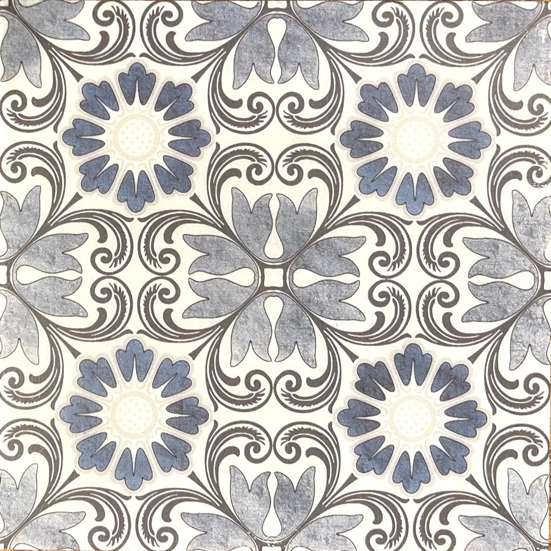 6x6 Manolo Collection Marble Decorative Tile With Blue Floral Pattern ...