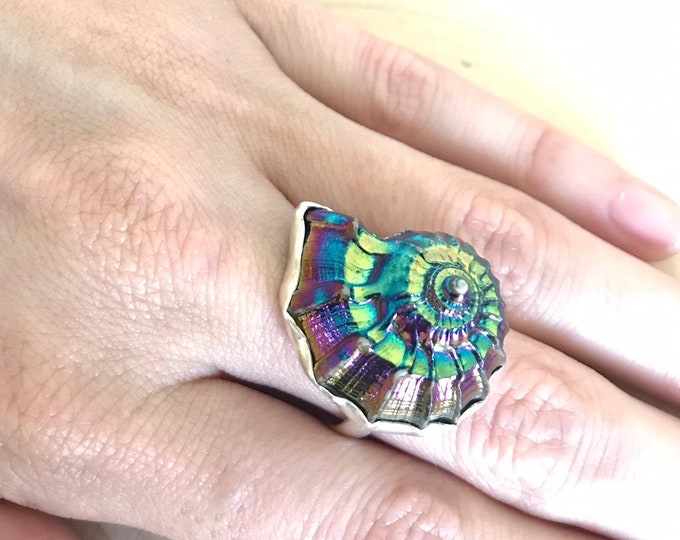 Sterling Silver Rainbow Seashell Ammonite Ring-mermaid Inspired Ring ...