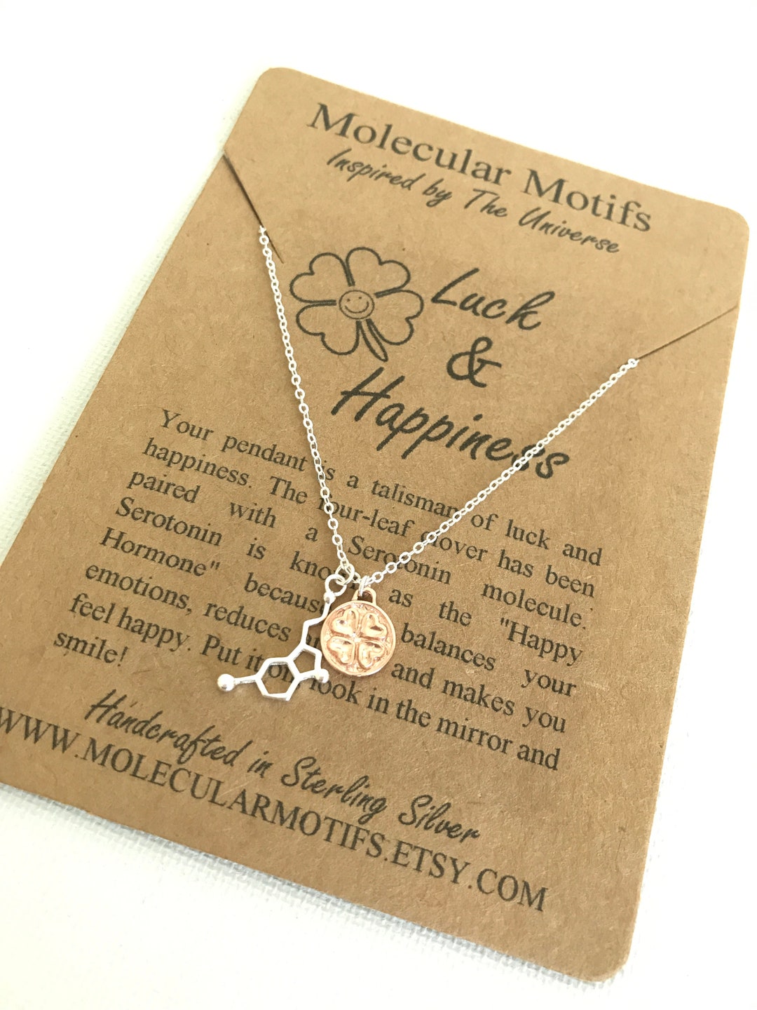 Sterling Silver Serotonin Molecule Necklace: Four Leaf Clover Luck ...