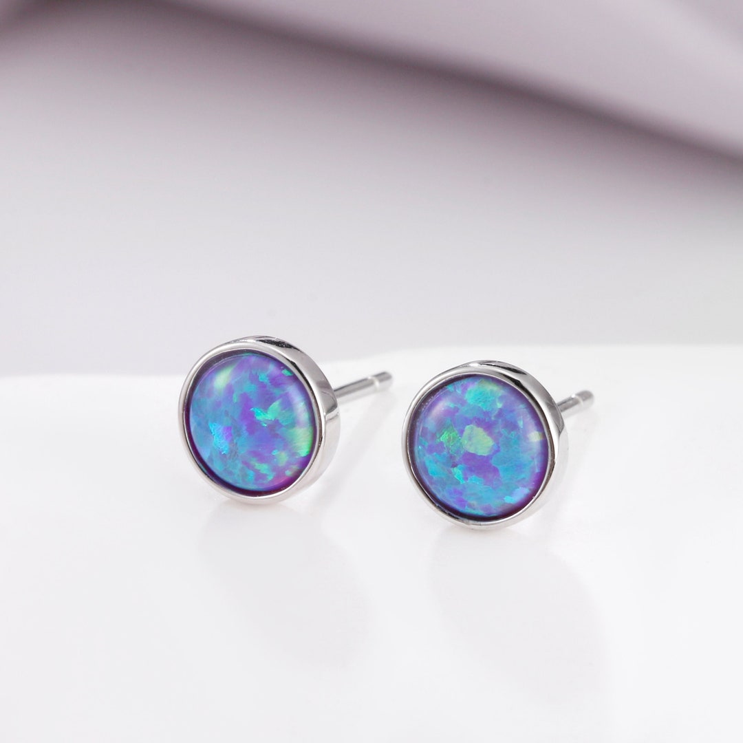 Sterling Silver Purple Fire Opal Stud Earrings: Handmade Bezel Setting ...
