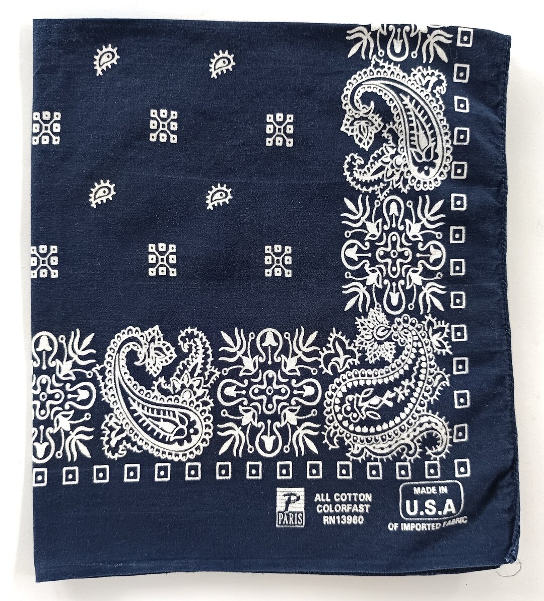 Vintage Blue & White Cotton Paisley Bandana, 19" X 22" Inches, Selvage ...