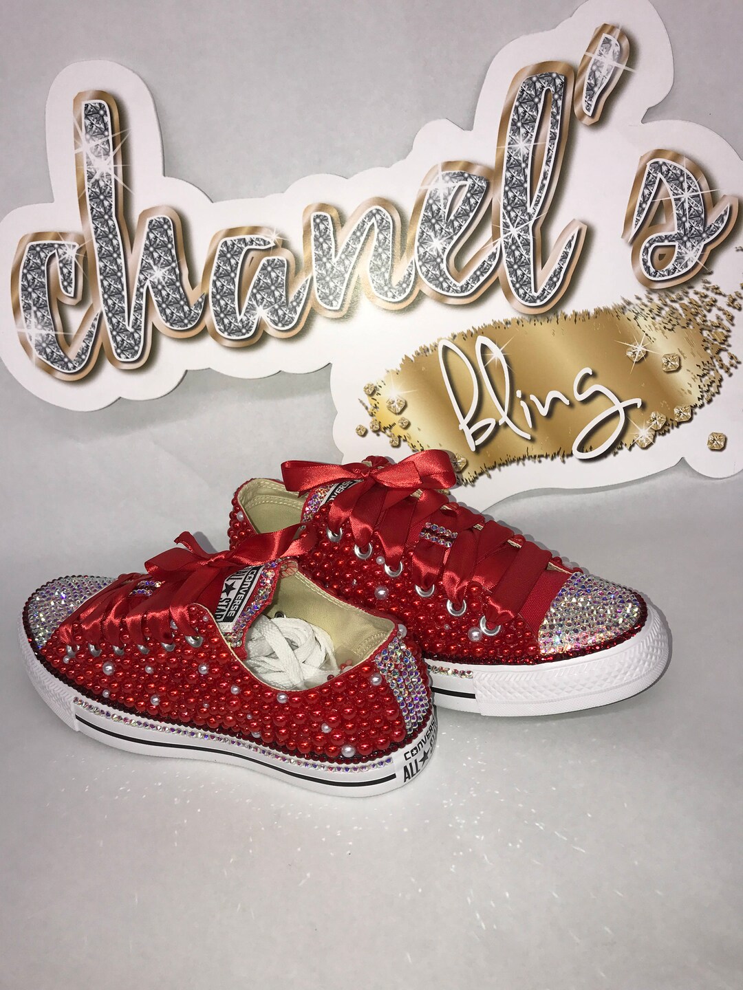 Kids Red Bling Converse Sneakers: Iridescent Rhinestone Chuck Taylors ...